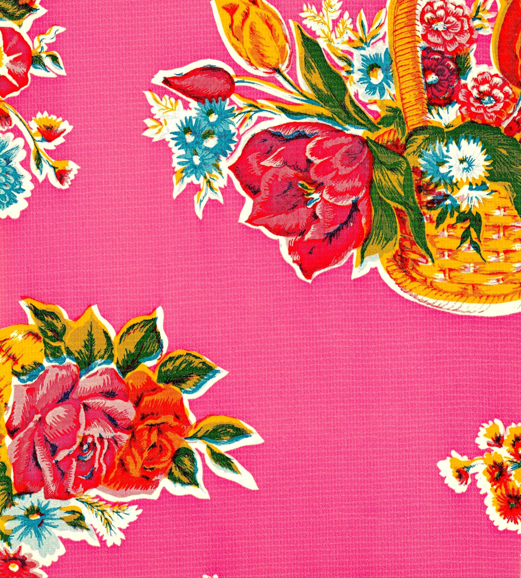 Flower Basket Pink Oilcloth Fabric