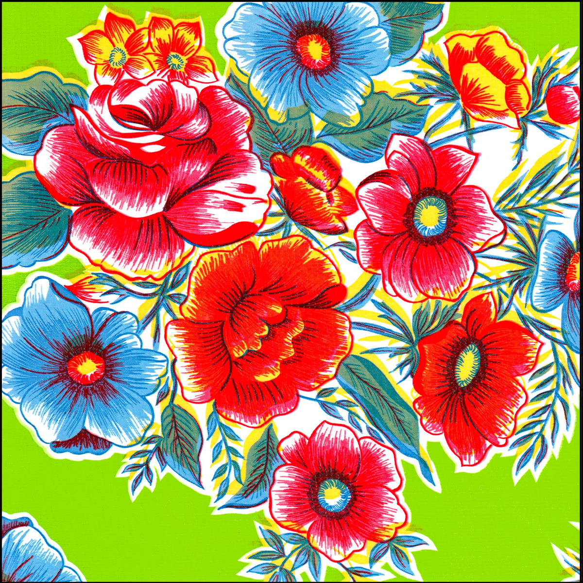 Buy Flowers on Lime Green Oilcloth Fabric | Oilcloth By The Yard