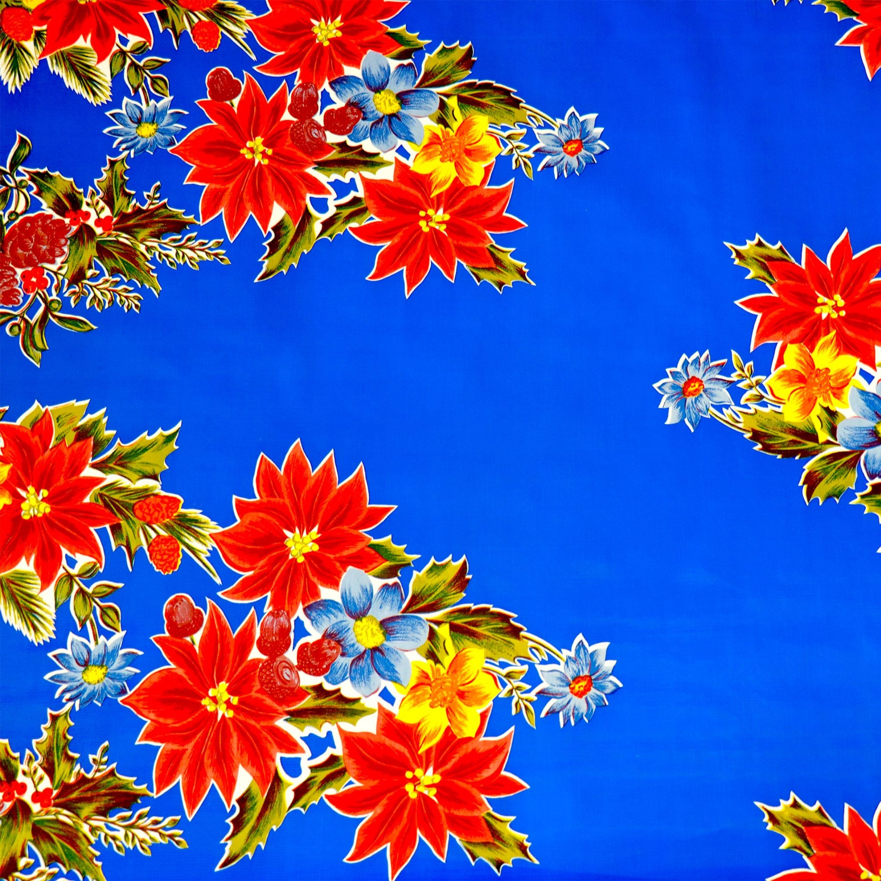 Poinsettia Fabric - Christmas Poinsettia Blue Oilcloth Fabric | OCBTY